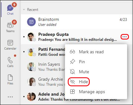 Hide, unhide, mute, or pin a chat in Teams – Highlands College